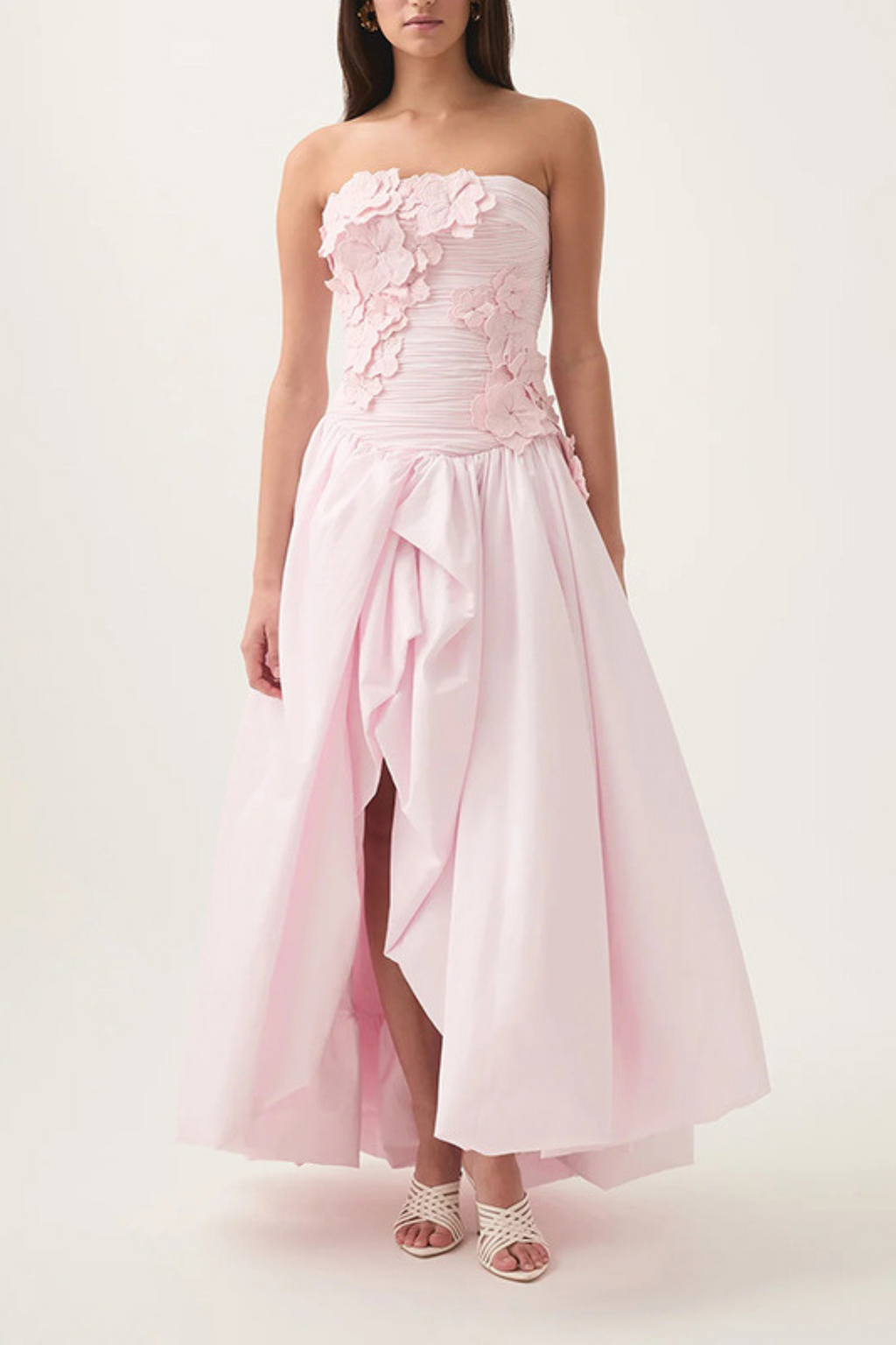 Strapless Floral Ruched Slit Draped Long Dress – My Store